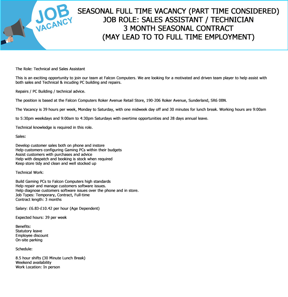 seasonal staff required Falcon Computers