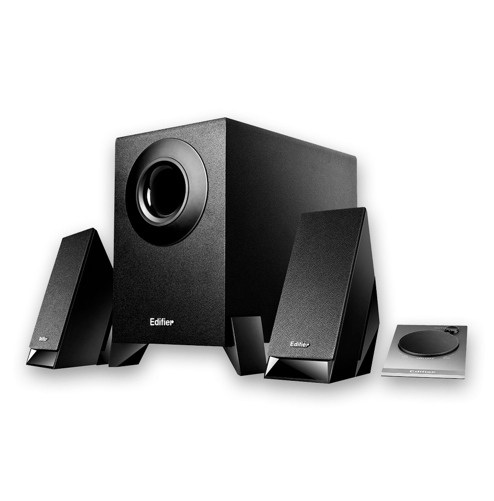 Edifier 2.1 speaker system with upward-angled satellites and downward ...