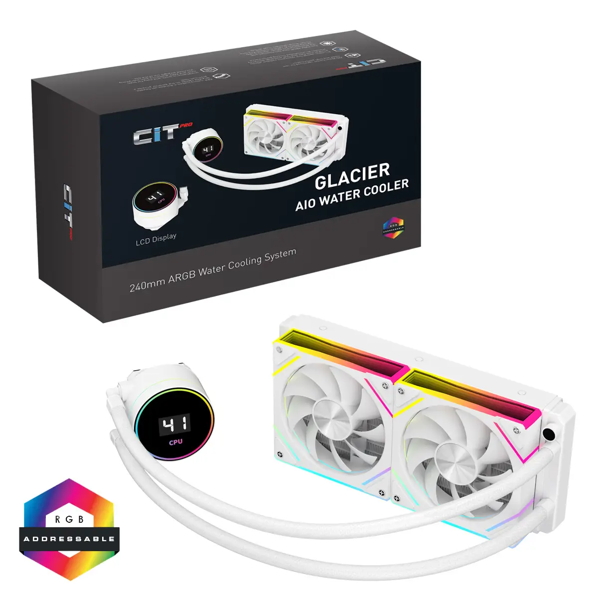CIT Pro Glacier 240mm (White) LCD Temperature Display AIO Liquid Cooler ...