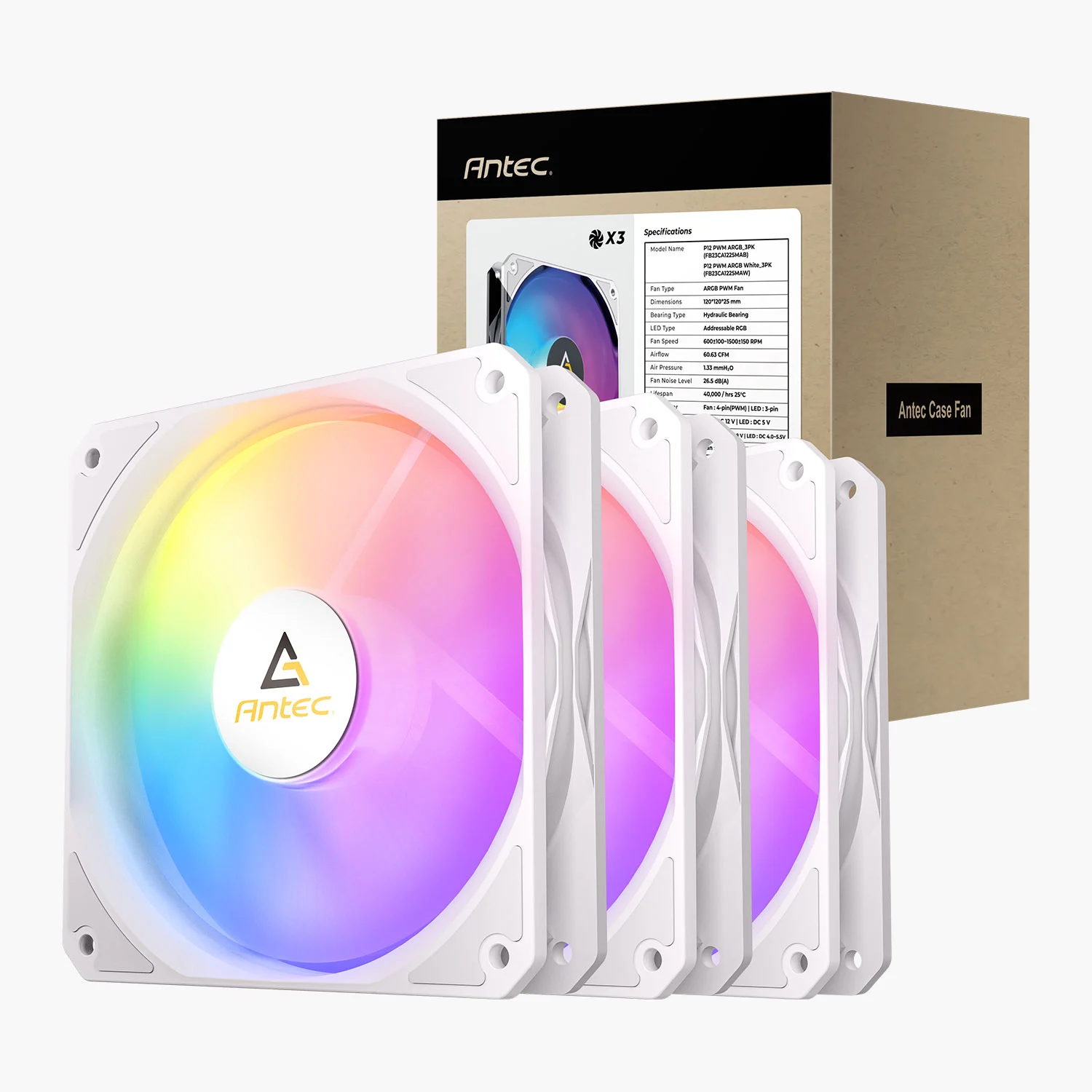 ANTEC P12 ARGB PWM 120mm Fan 3 pack - 4-Pin, White, High-Airflow ...