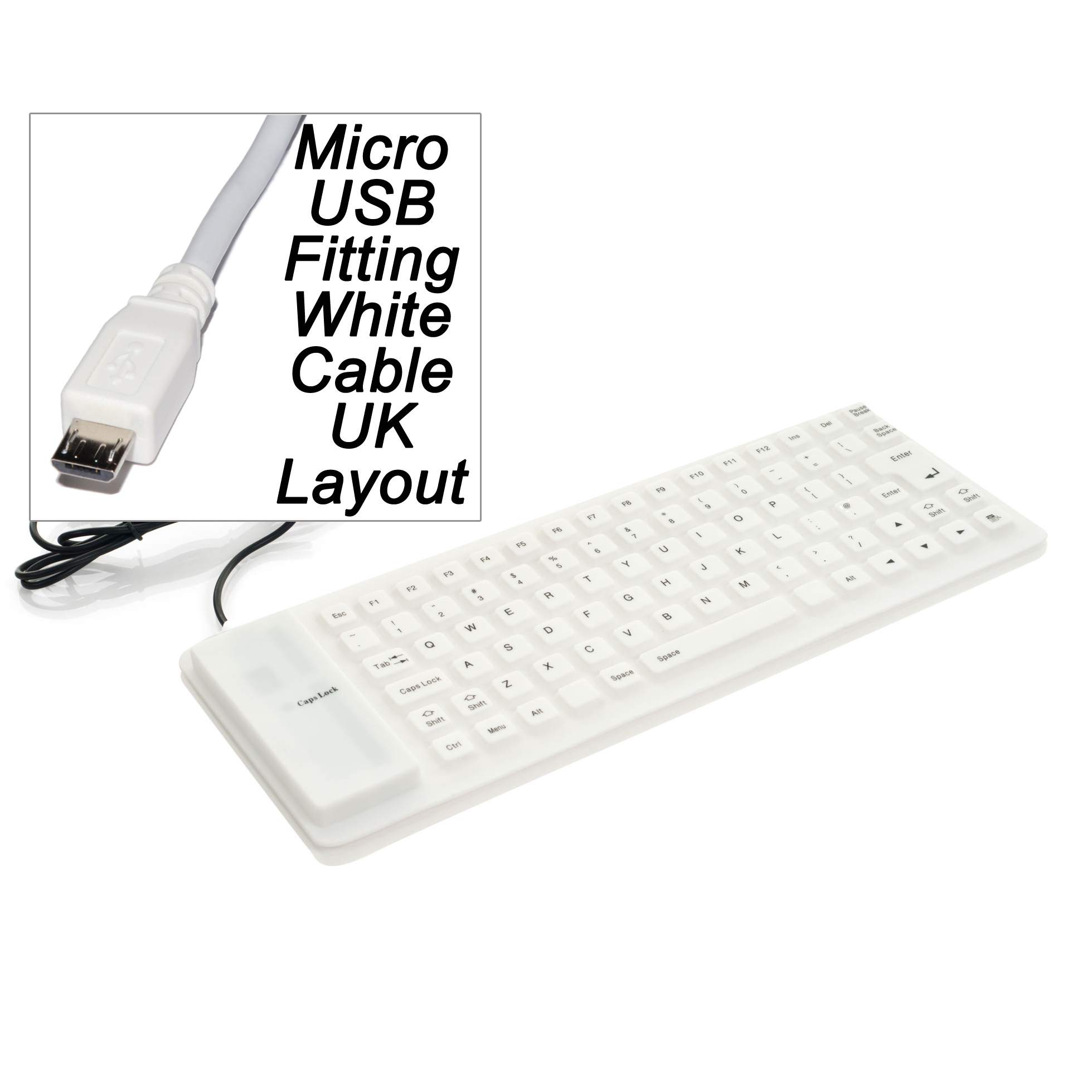CNMemory Micro USB Flexible Roll Up UK Keyboard - White | Falcon Computers