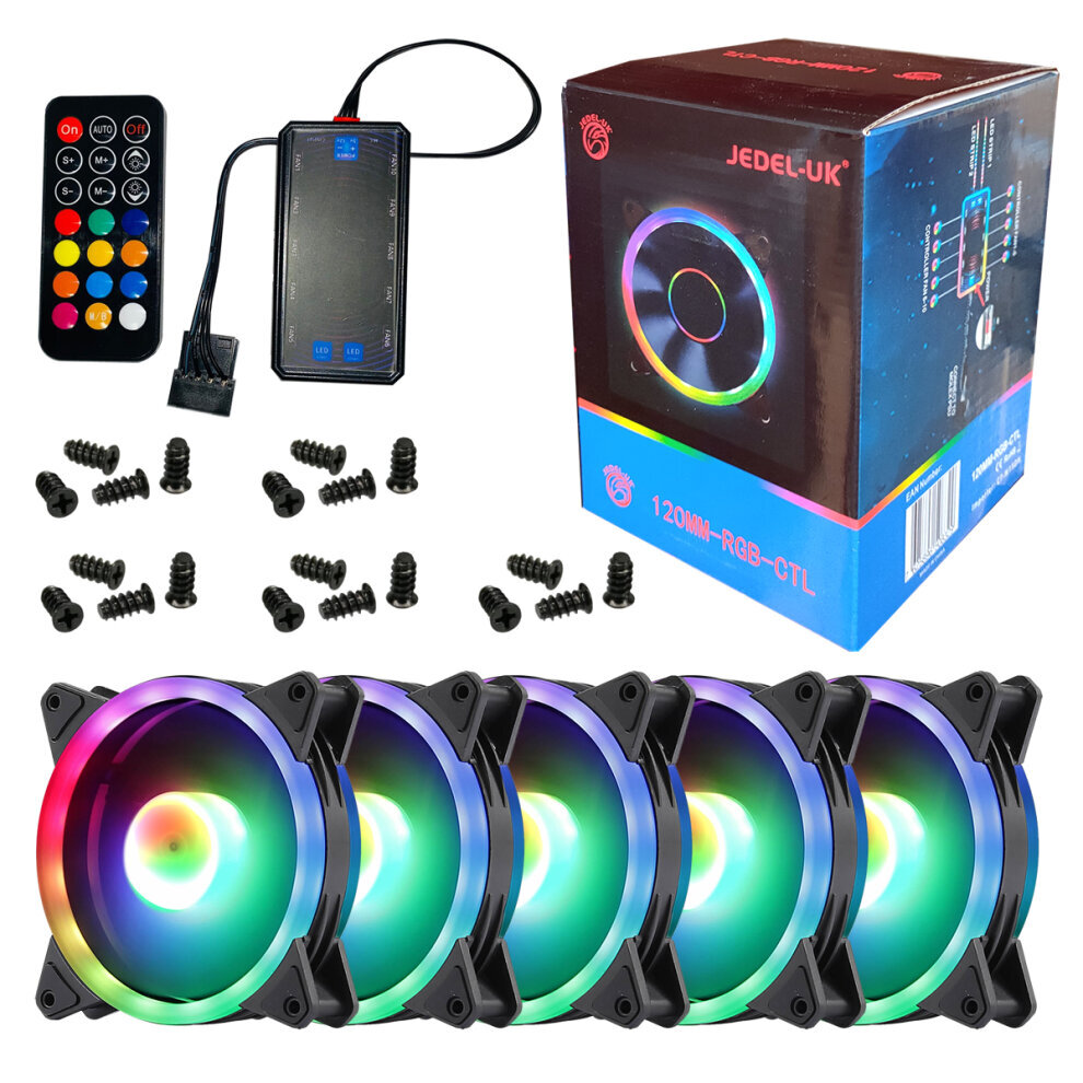 JEDEL 5 Pack RGB Case Fans 120MM LED Cooling With HUB + Remote ...